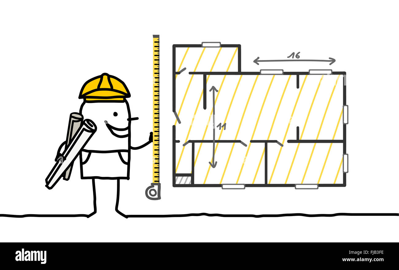 hand drawn cartoon characters - foreman measuring a plan Stock Photo ...