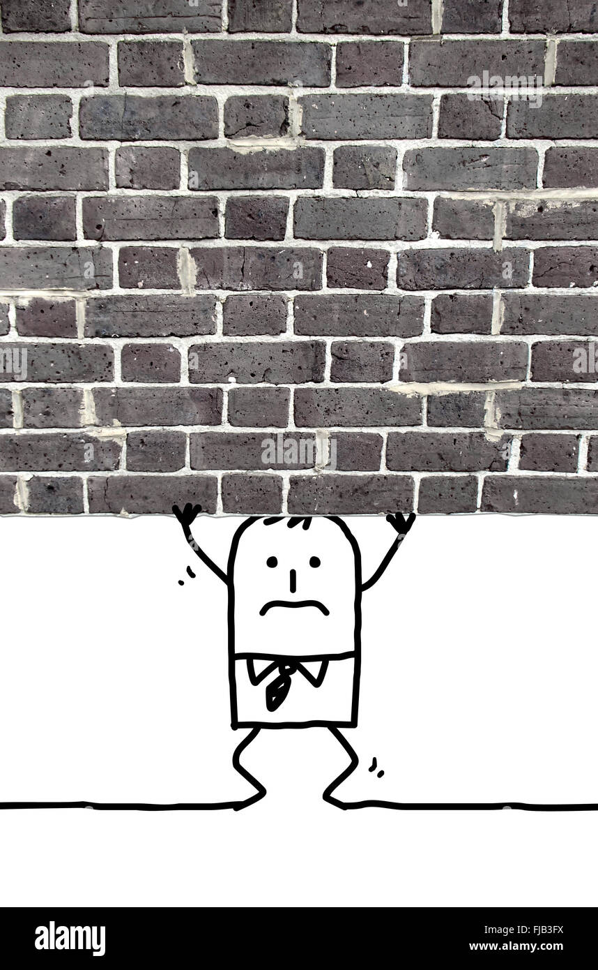 cartoon man crushed and standing under a wall Stock Photo - Alamy