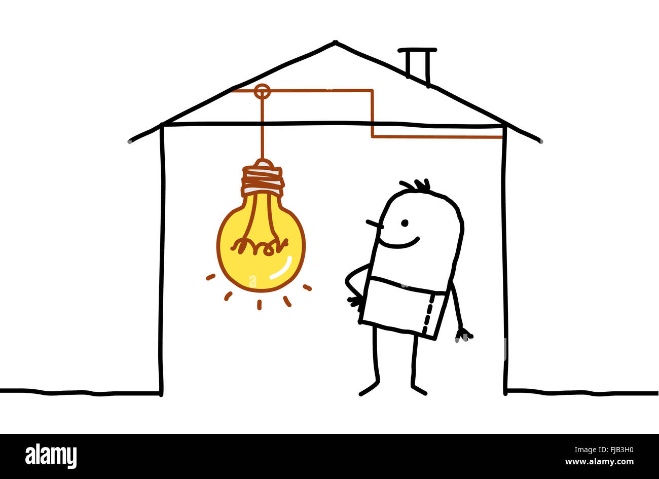 hand drawn cartoon characters - man in house & light bulb Stock Photo ...