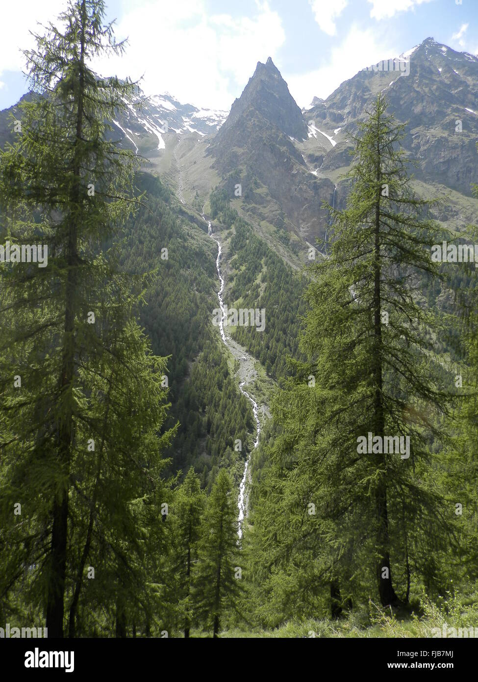 View of alpine river from above Valsavarenche, Aosta Valley, Italy ...