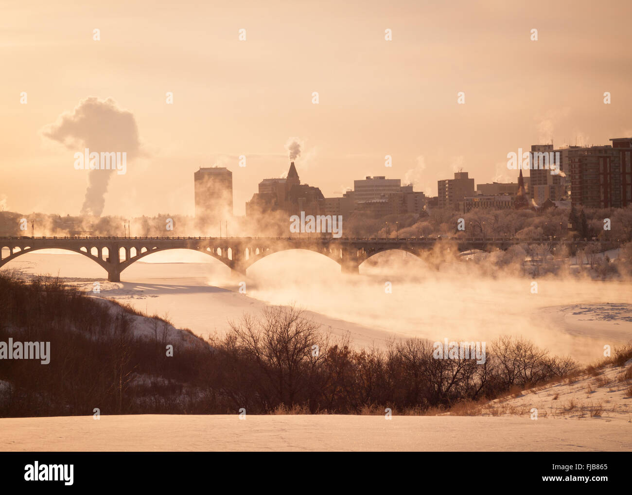 Ice fog (frozen fog) rises rises from the South Saskatchewan River in ...