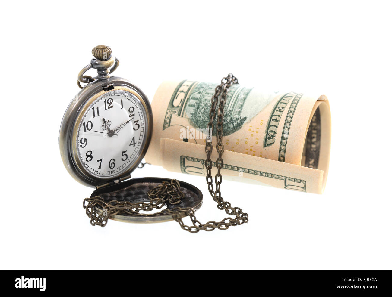 Time is money concept. Pocket watch near USA bank notes Stock Photo - Alamy