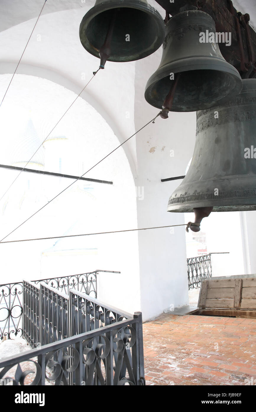 Old Russian church. Closeup of big ancient bronze bells on belfry Stock ...