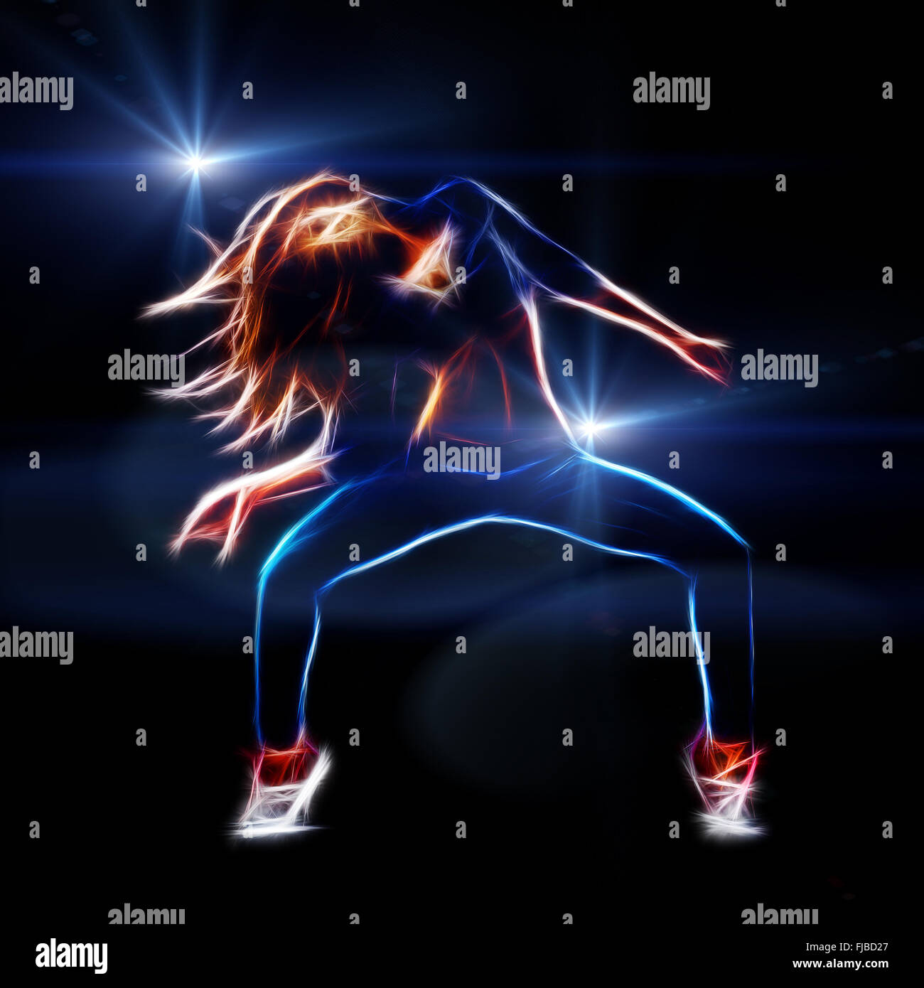 Female hip hop dancer, neon fractal artwork, spot lights at background ...