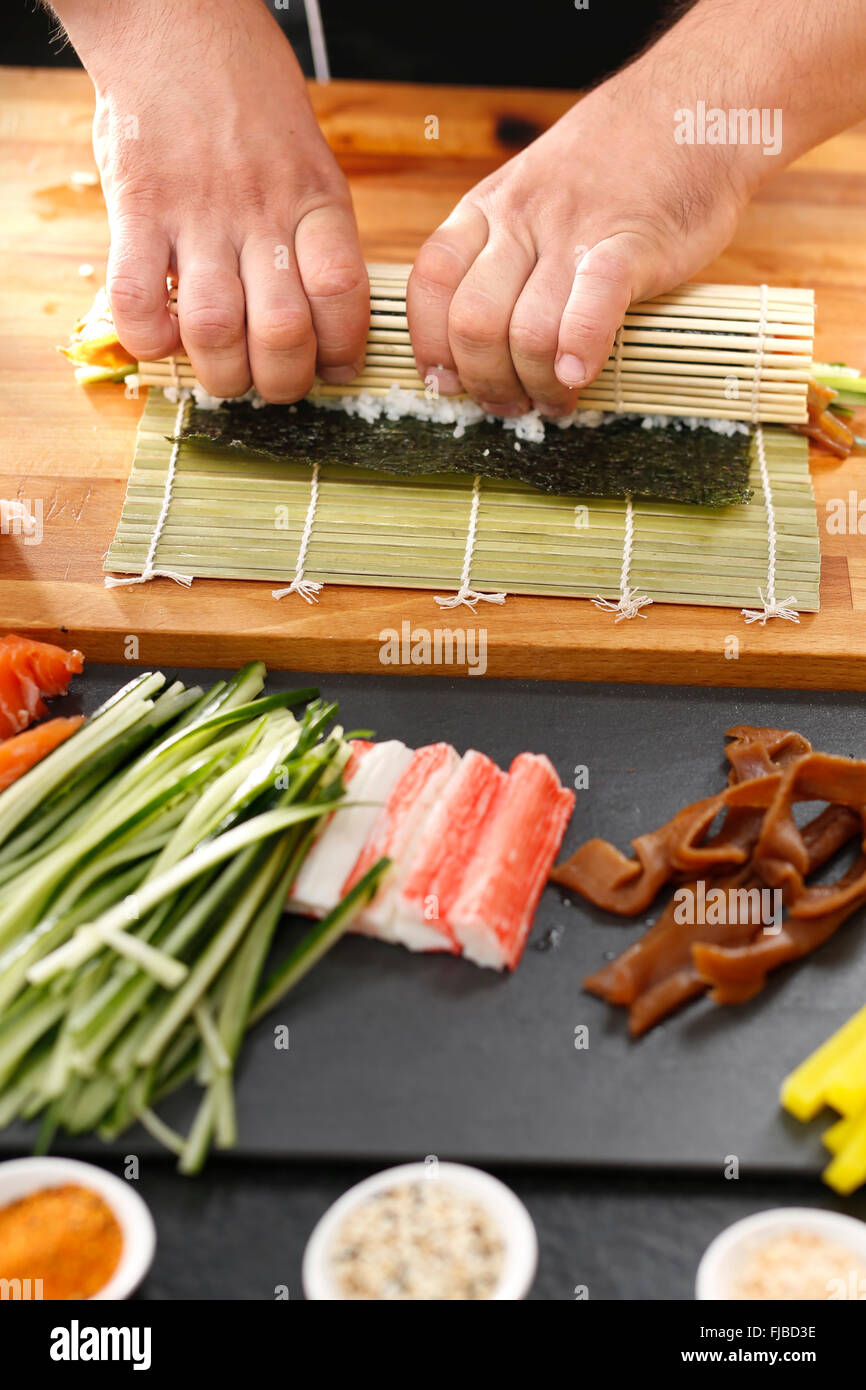The steps for creating sushi. Folding sushi. Preparing sushi. Bamboo ...