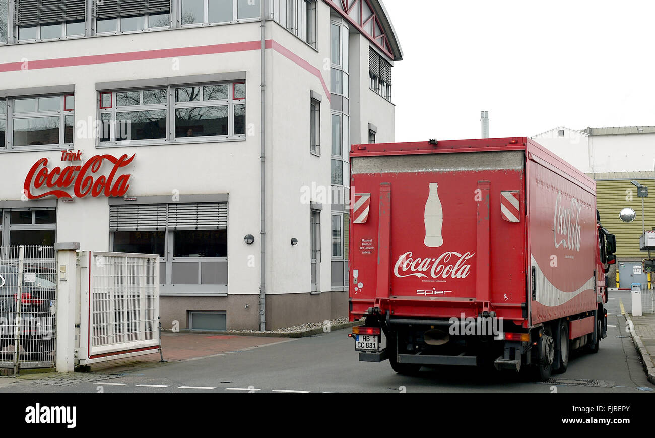 Bremen, Germany. 1st Mar, 2016. A lorry drives onto the site of drinks ...