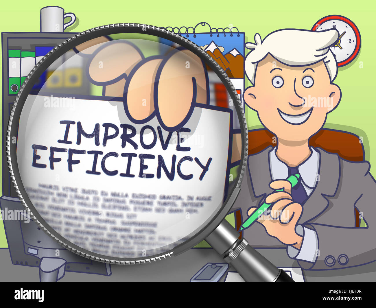 Improve Efficiency through Magnifying Glass. Doodle Style Stock Photo ...