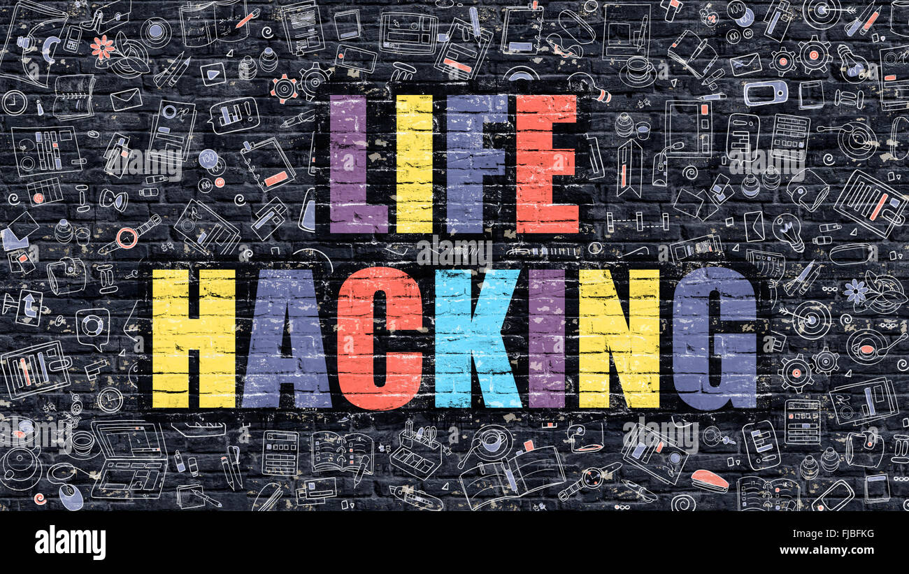 Multicolor Life Hacking on Dark Brickwall. Doodle Style Stock Photo - Alamy
