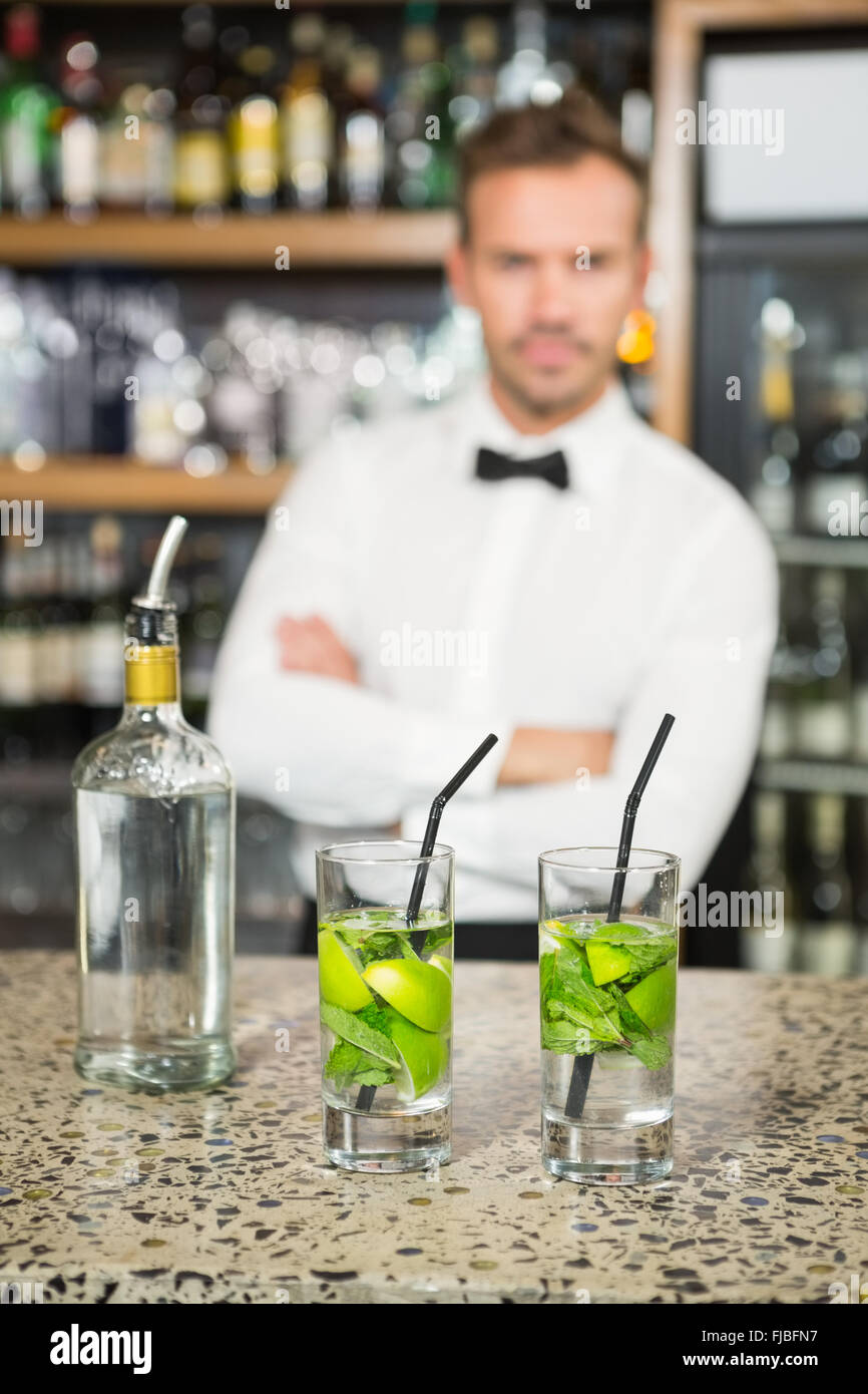 Handsome barman standing behind cocktails Stock Photo - Alamy