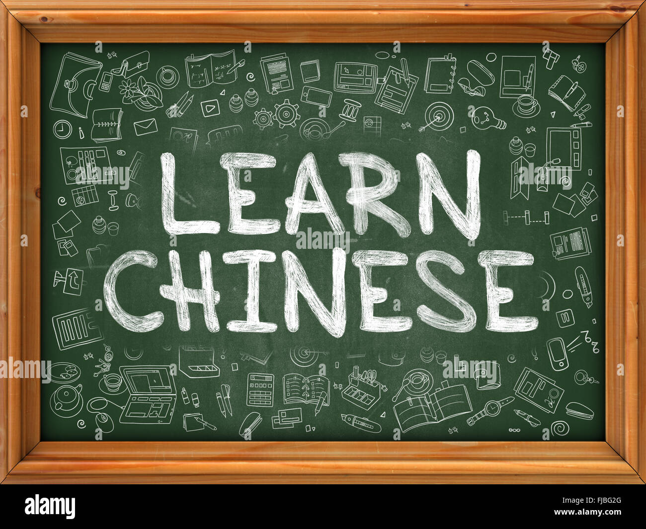Learn Chinese Concept. Green Chalkboard with Doodle Icons Stock Photo ...