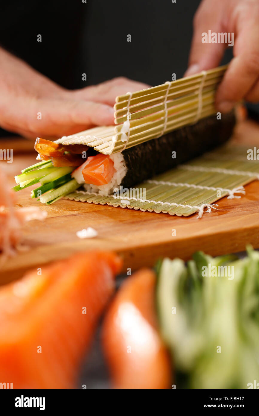 The steps for creating sushi. Folding sushi. Preparing sushi. Bamboo ...
