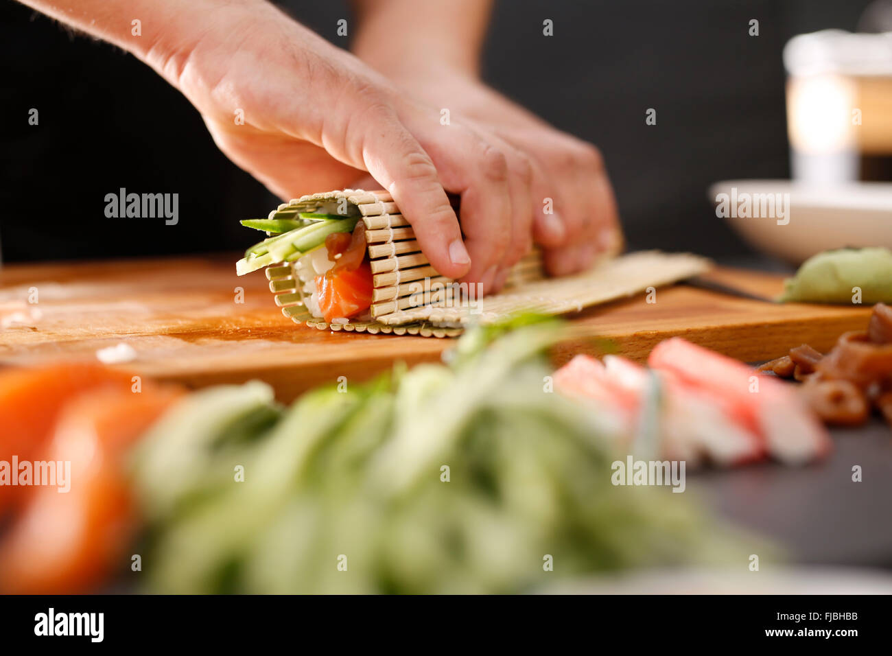 The steps for creating sushi. Folding sushi. Preparing sushi. Bamboo ...