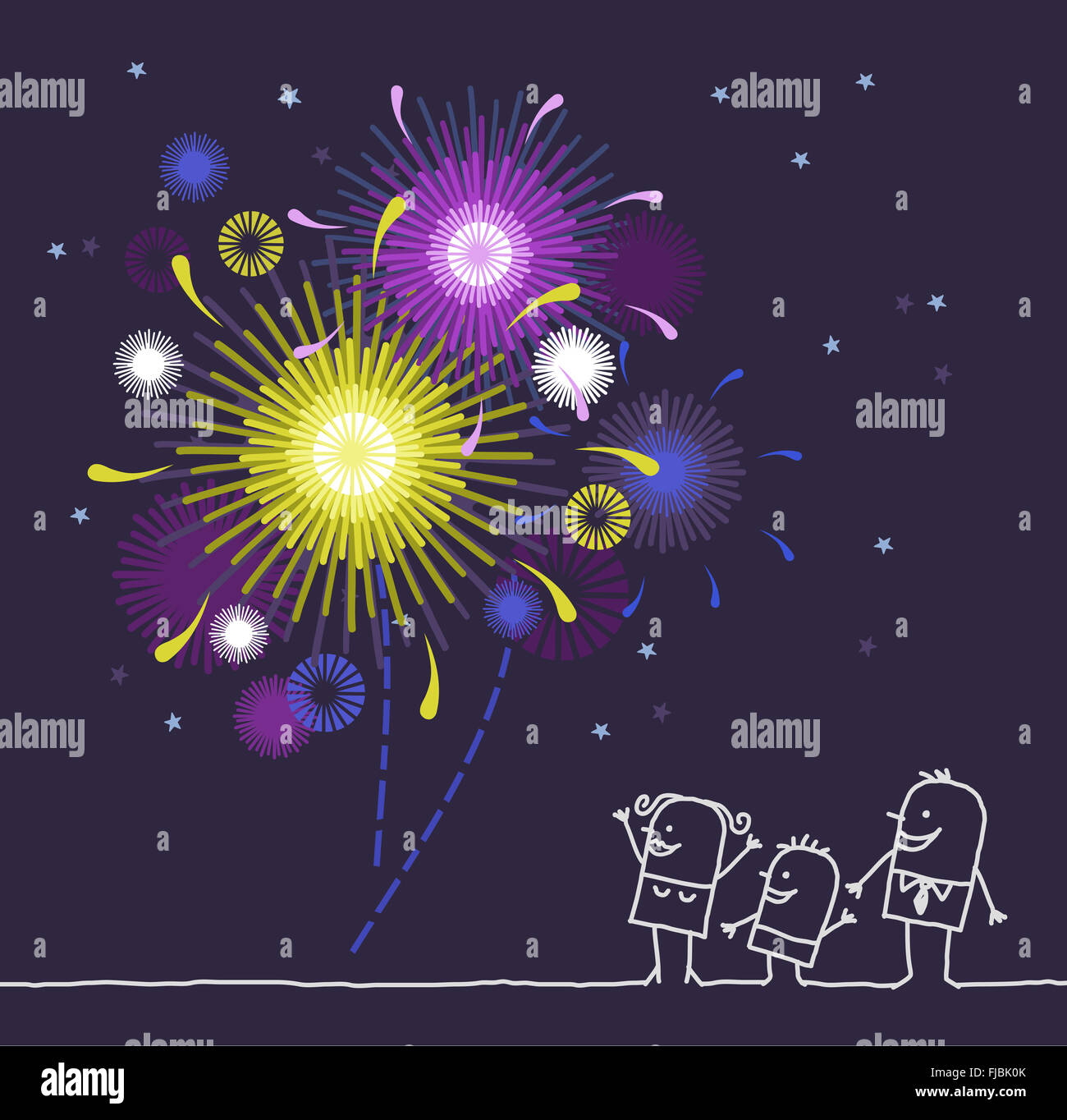 hand drawn cartoon characters - family & firework Stock Photo - Alamy