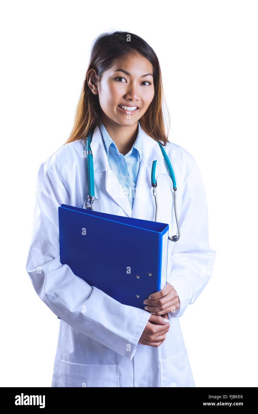 Asian doctor holding blue binder Stock Photo - Alamy