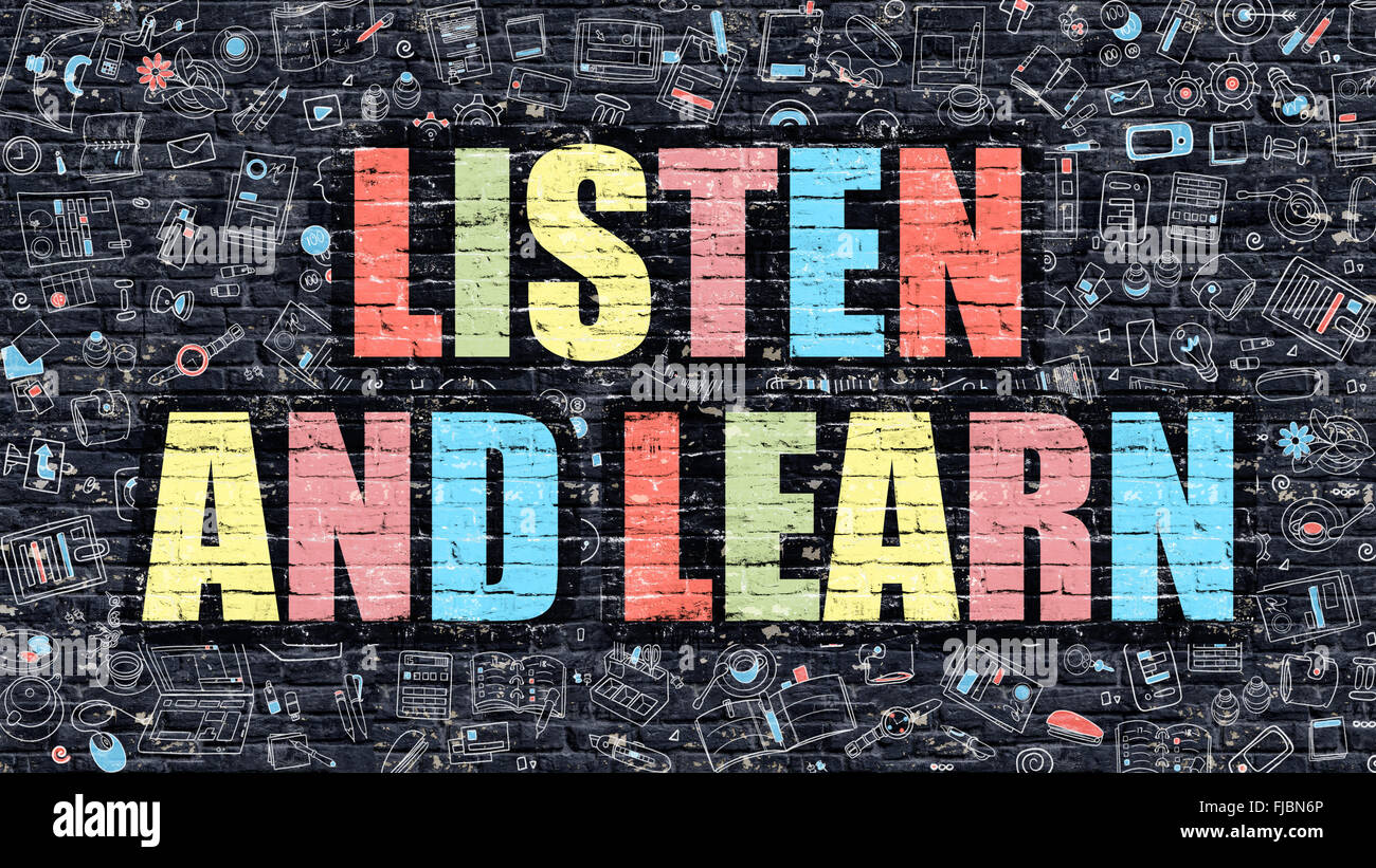 Listen and Learn Concept with Doodle Design Icons Stock Photo - Alamy