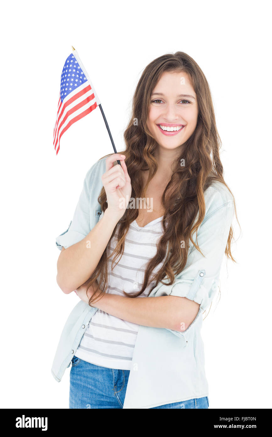 Female student holding american flag Stock Photo - Alamy