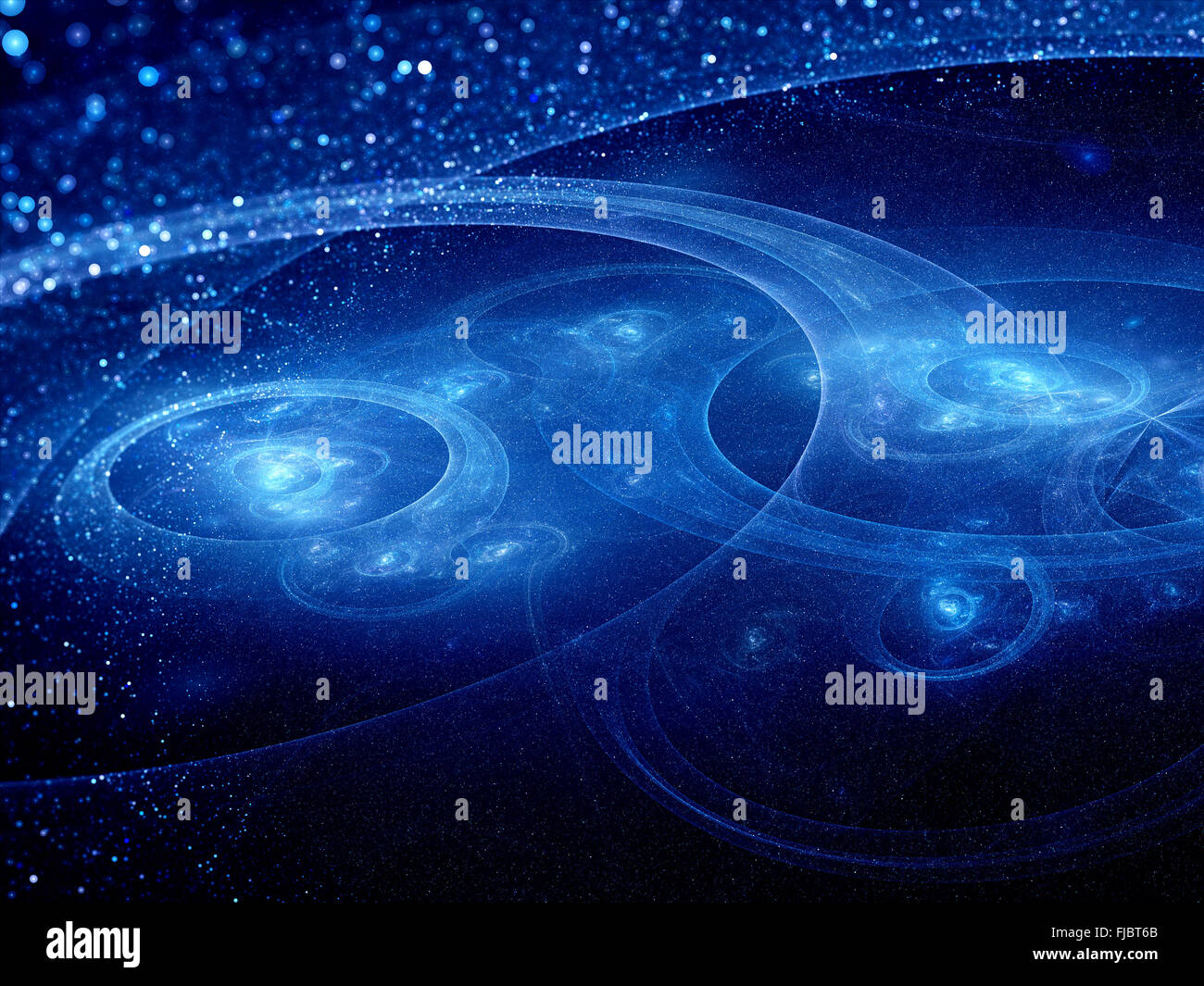 Spiral galaxies and planetary systems with trajectories, glowing ...