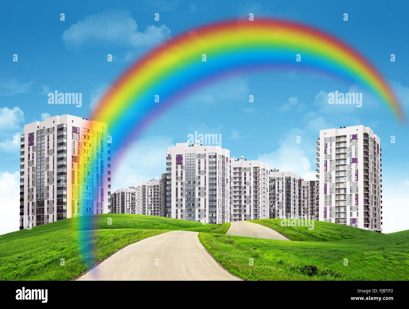 City on field with road Stock Photo - Alamy