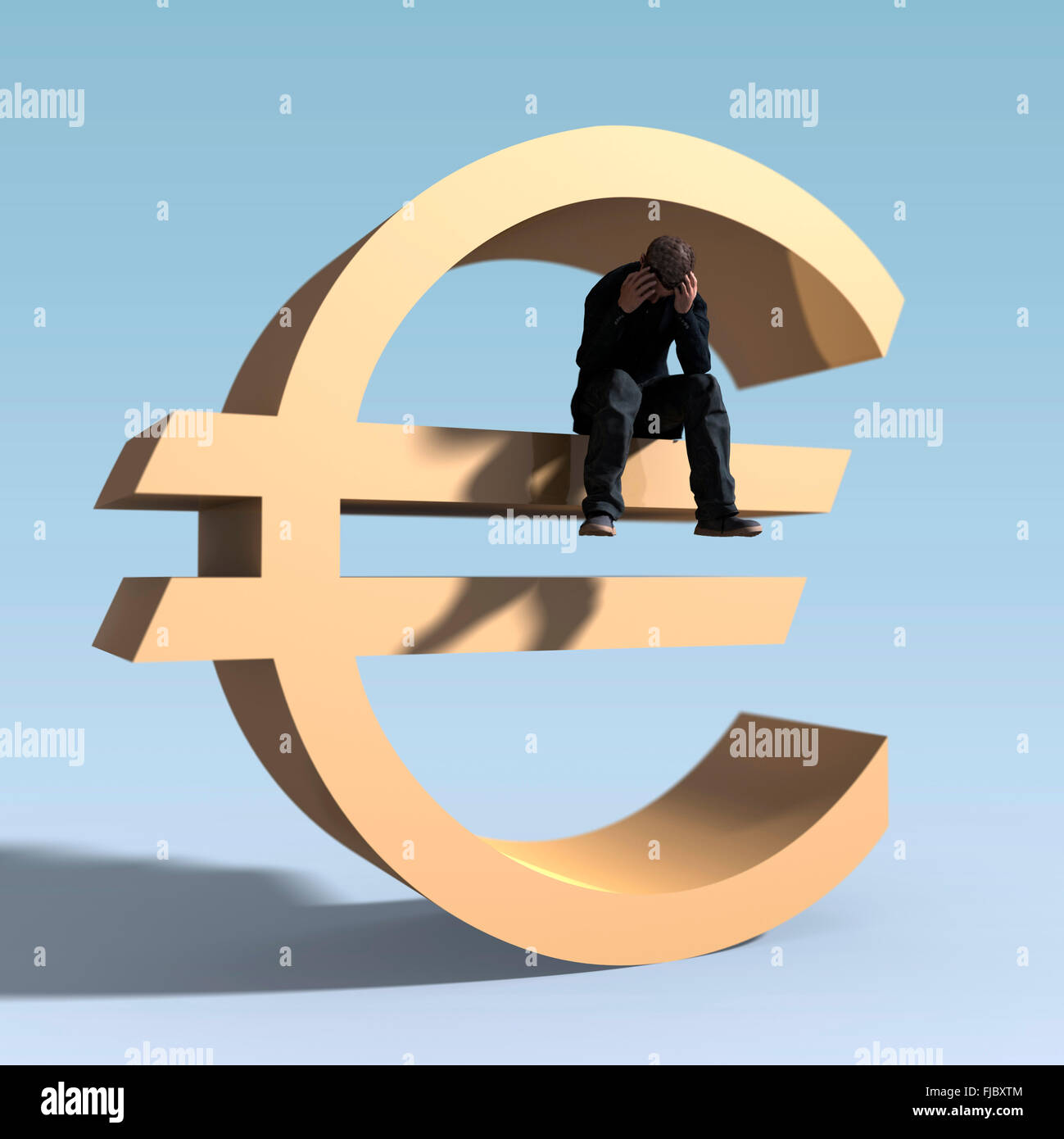 Man sitting on euro symbol, head in hands, money worries Stock Photo ...