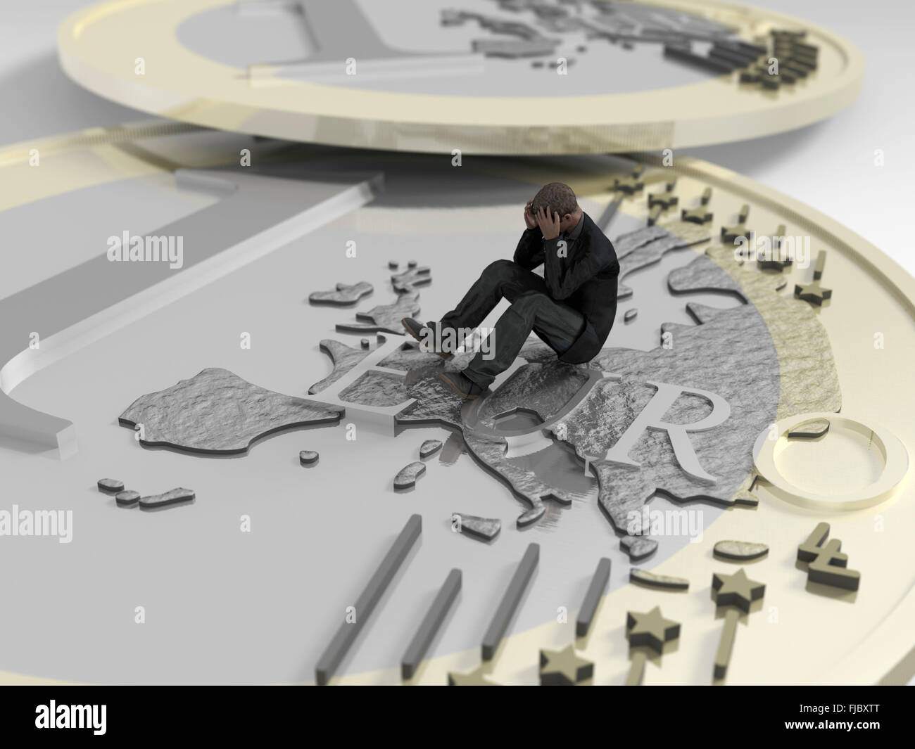 Man sitting on euro coin, head in hands, money worries Stock Photo - Alamy