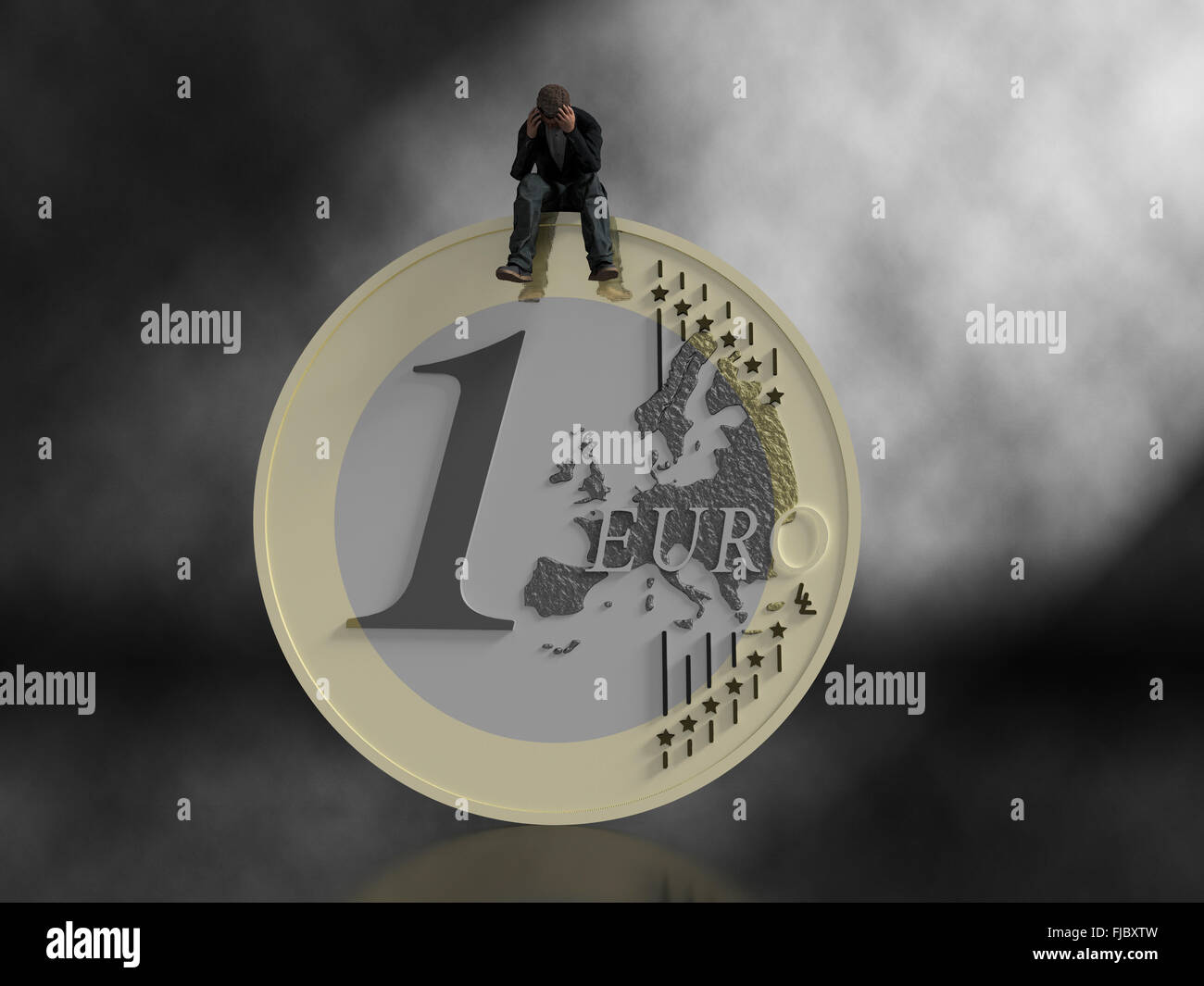 Man sitting on euro coin, head in hands Stock Photo - Alamy