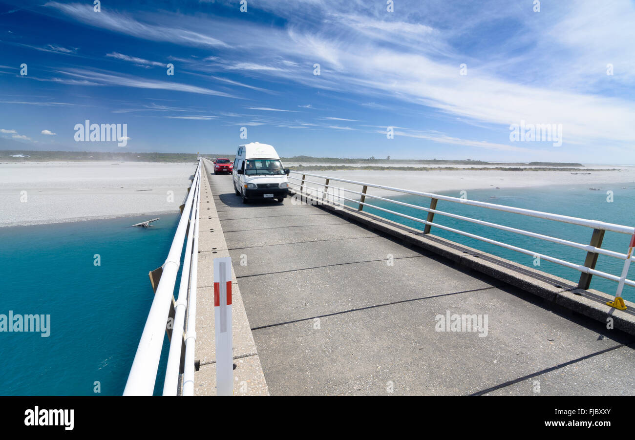 Caravan travels over Haast River Bridge, longest lane bridge in New ...