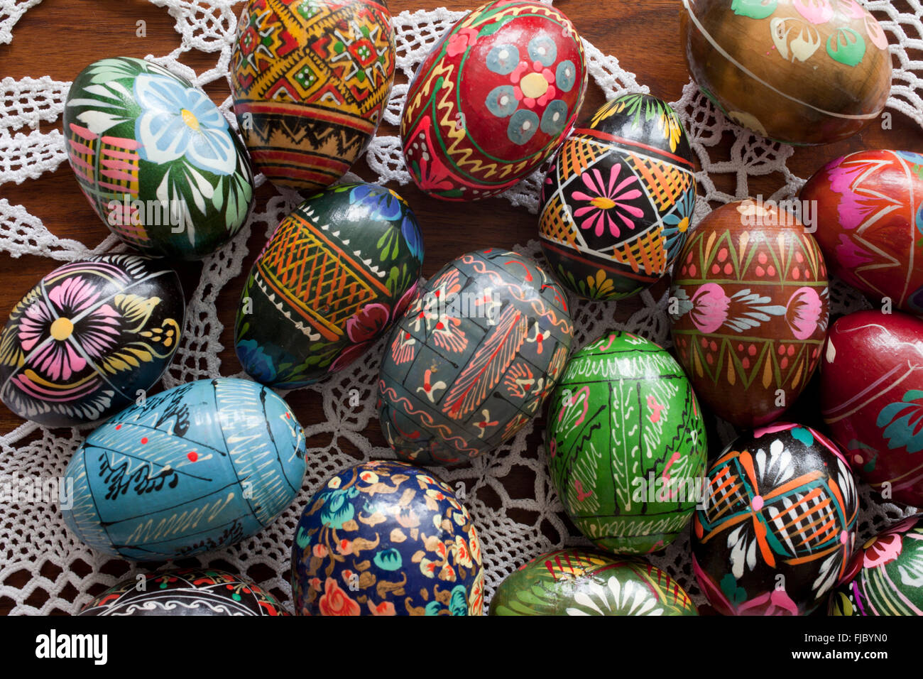 traditional easter eggs on wooden table Stock Photo - Alamy