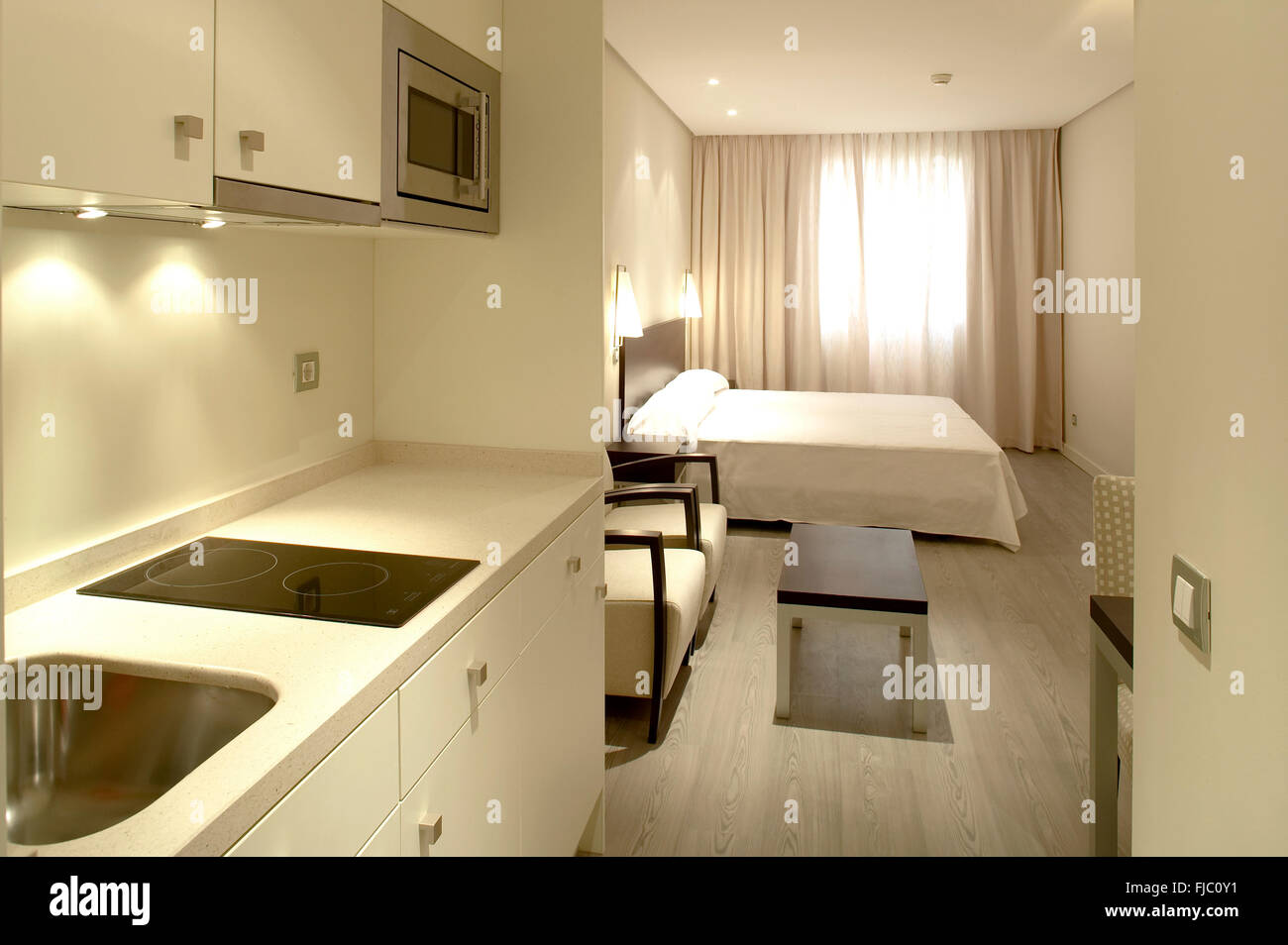 Apartment interior with kitchen and bedroom. Horizontal Stock Photo - Alamy