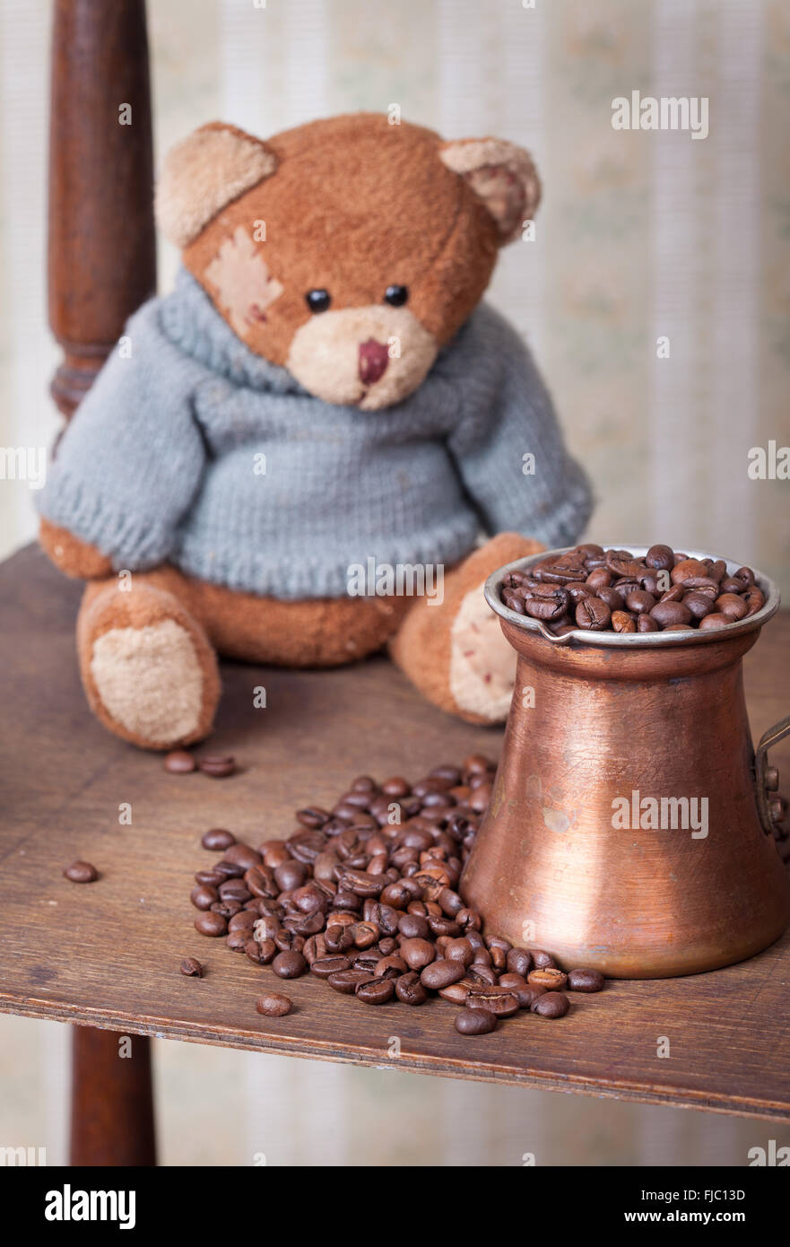 Teddy bear and coffee vintage toned picture with retro wallpaper Stock ...