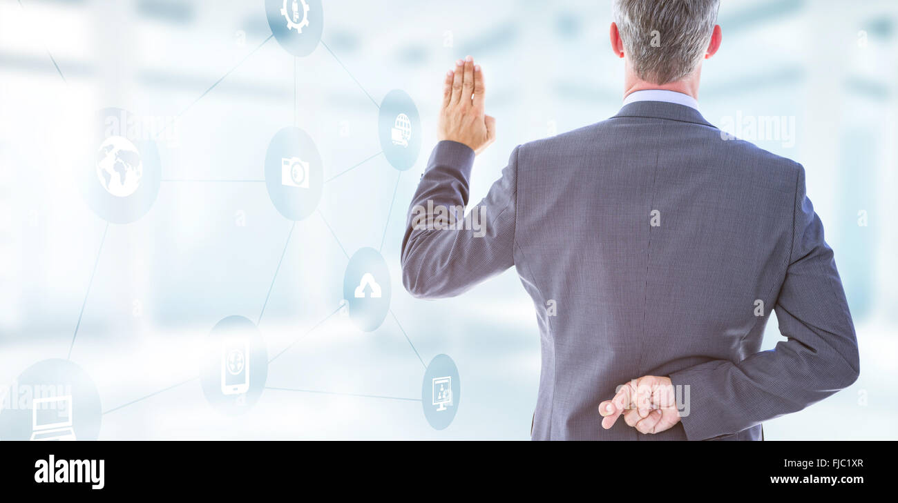 Composite image of rear view of businessman taking oath with fingers ...