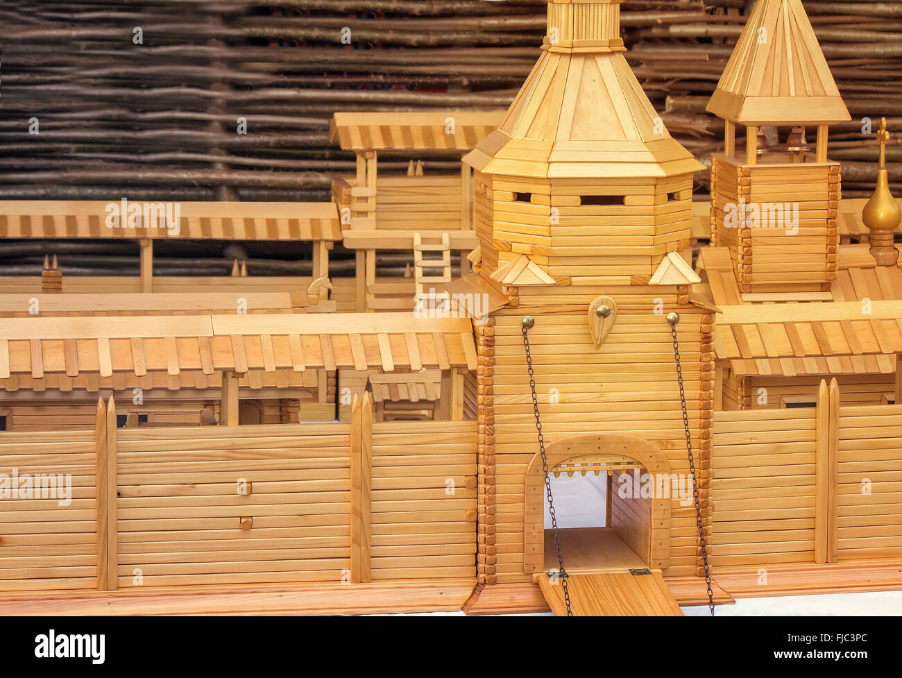 Made of natural wood layout of the ancient fortress with ramparts ...