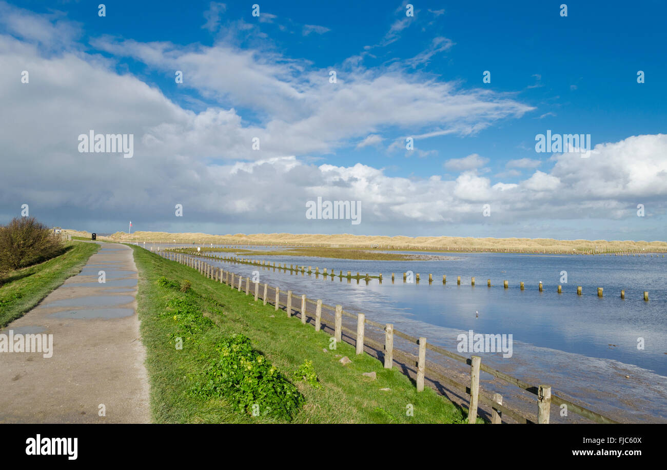 Talacre flooded car park and coastal pathway Stock Photo - Alamy