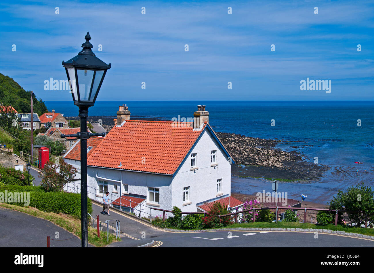 Entrance to the holiday coastal village of Runswick Bay, North ...