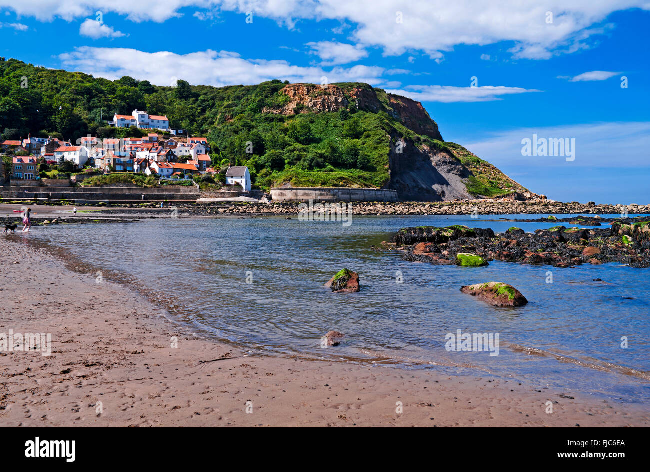 Picturesque cottages, Runswick Bay, seen from the sandy beach, incoming ...