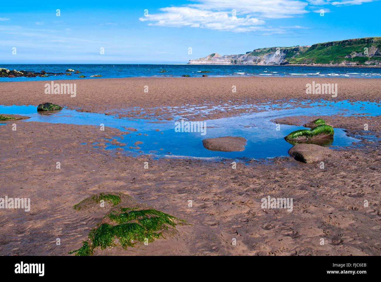 Rock pool and seaweed covered rocks on quiet sandy beach, Runswick Bay ...
