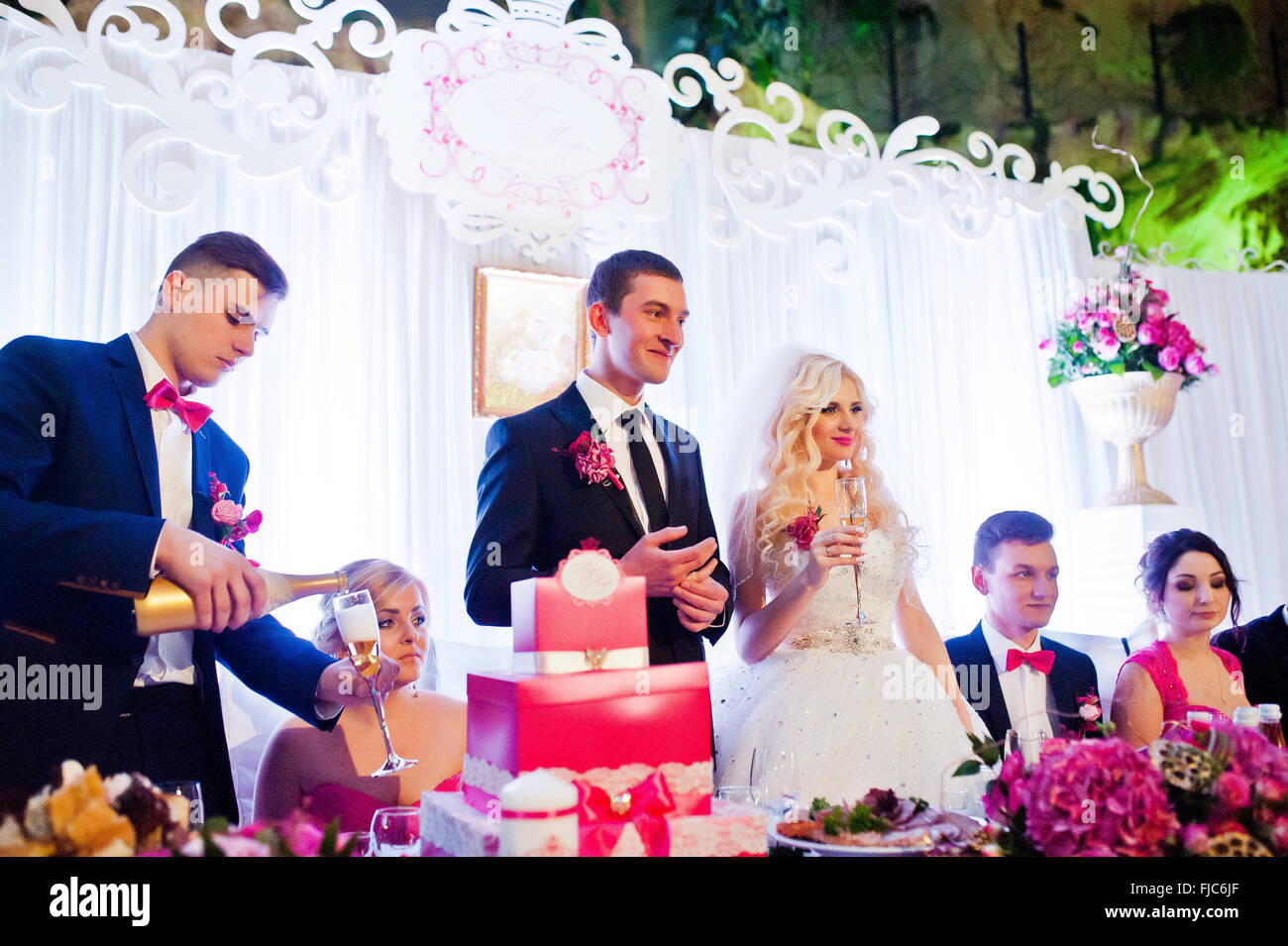 Wedding couple with friends at wedding table Stock Photo - Alamy