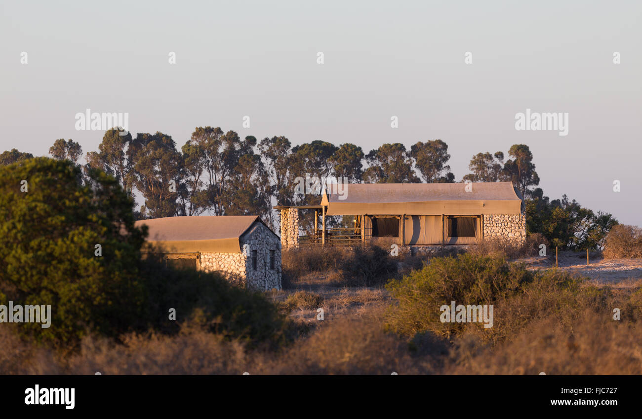 Safari tent/ stone camp on a game farm in the Northern Cape, South ...