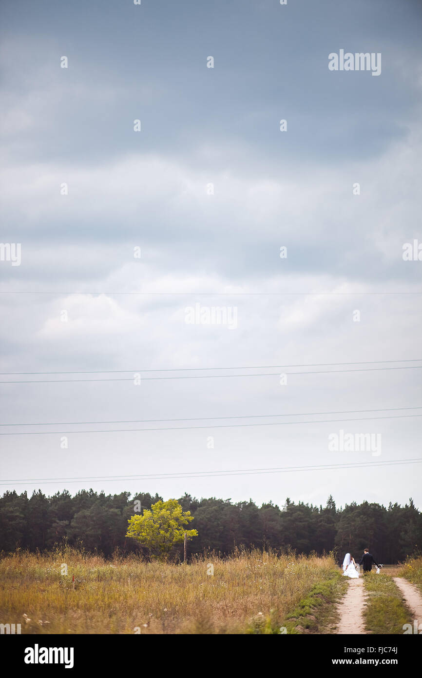Newlyweds go far beyond the horizon, path leading into woods. Negative ...