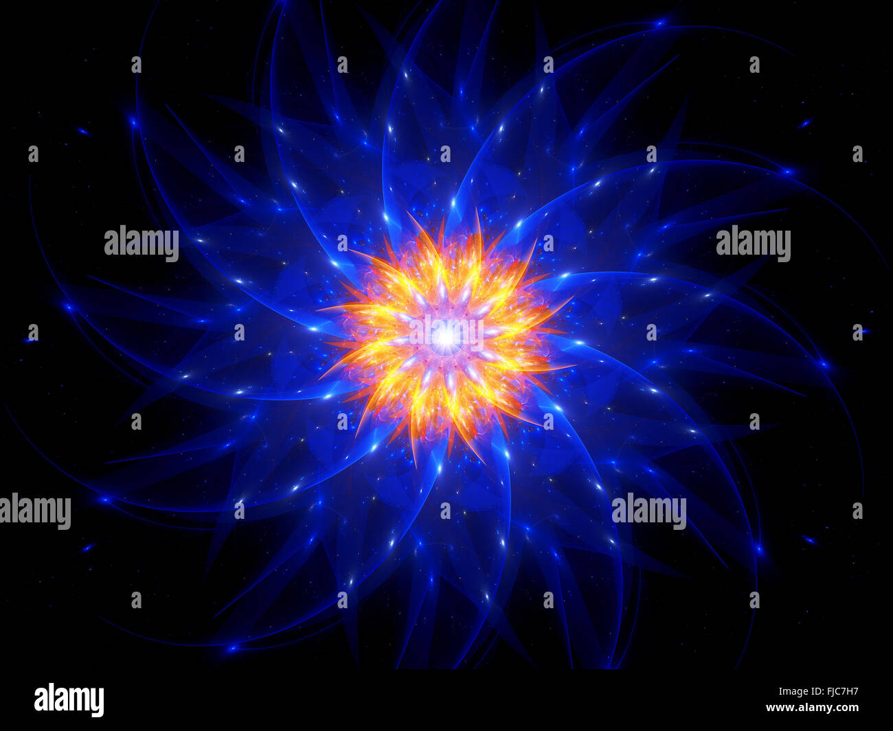 Blue spiral glowing object in space with flame, computer generated ...