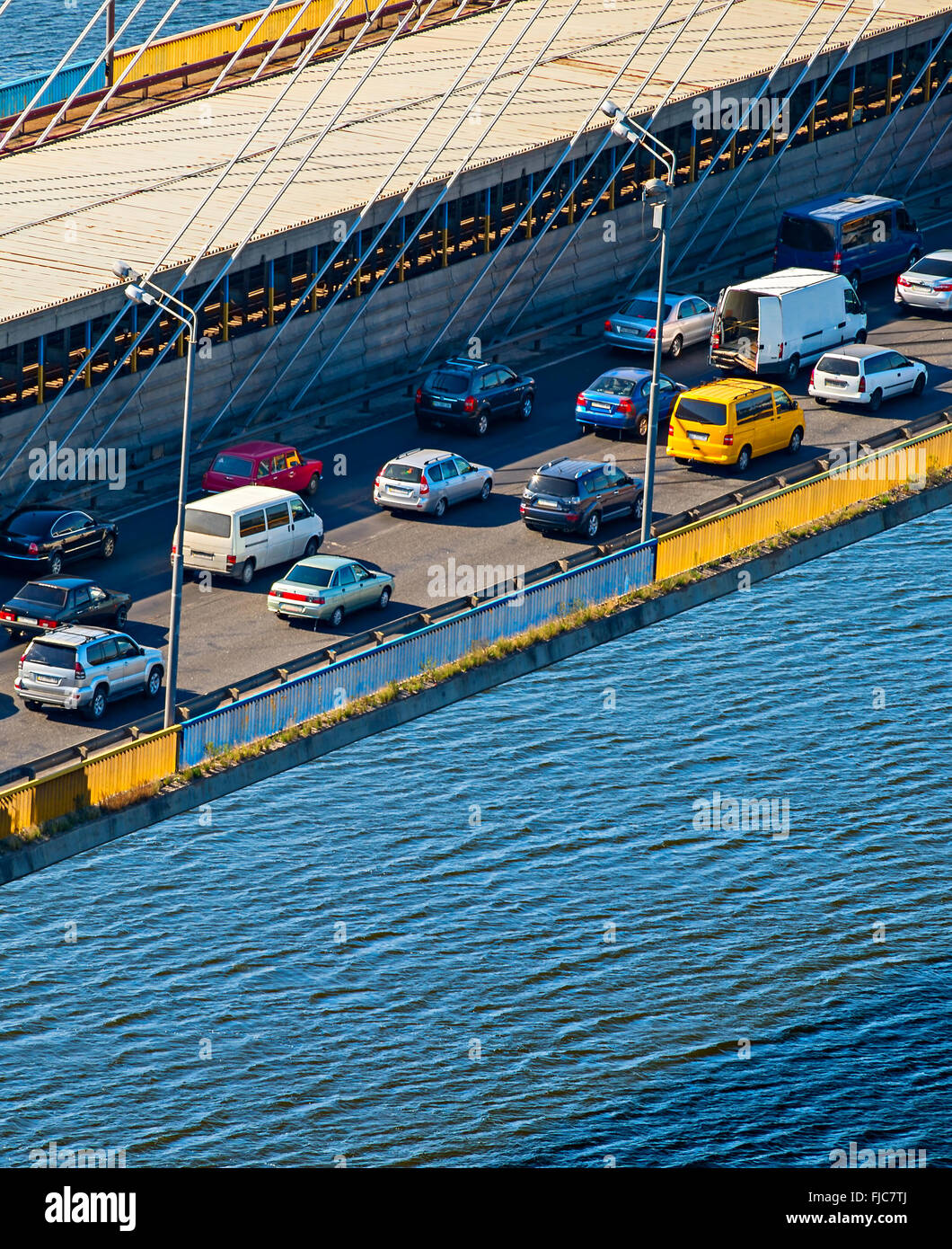 Traffic jam on a bridge in the morning rush hour. Kiev, Ukraine Stock ...