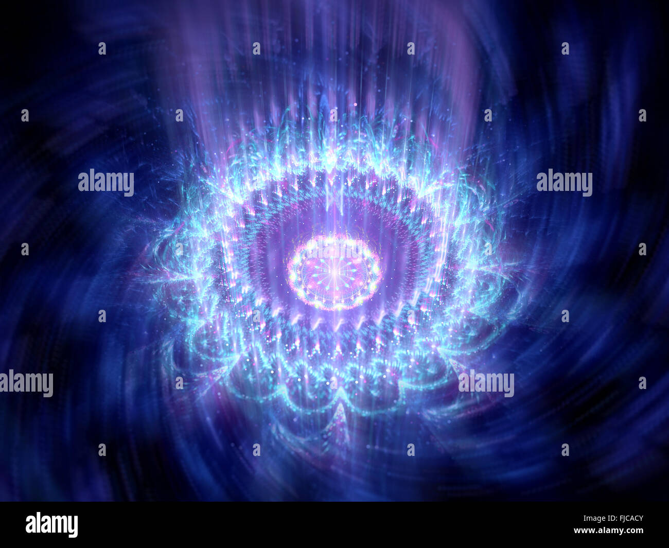 Blue glowing rotating mandala in space, computer generated abstract ...