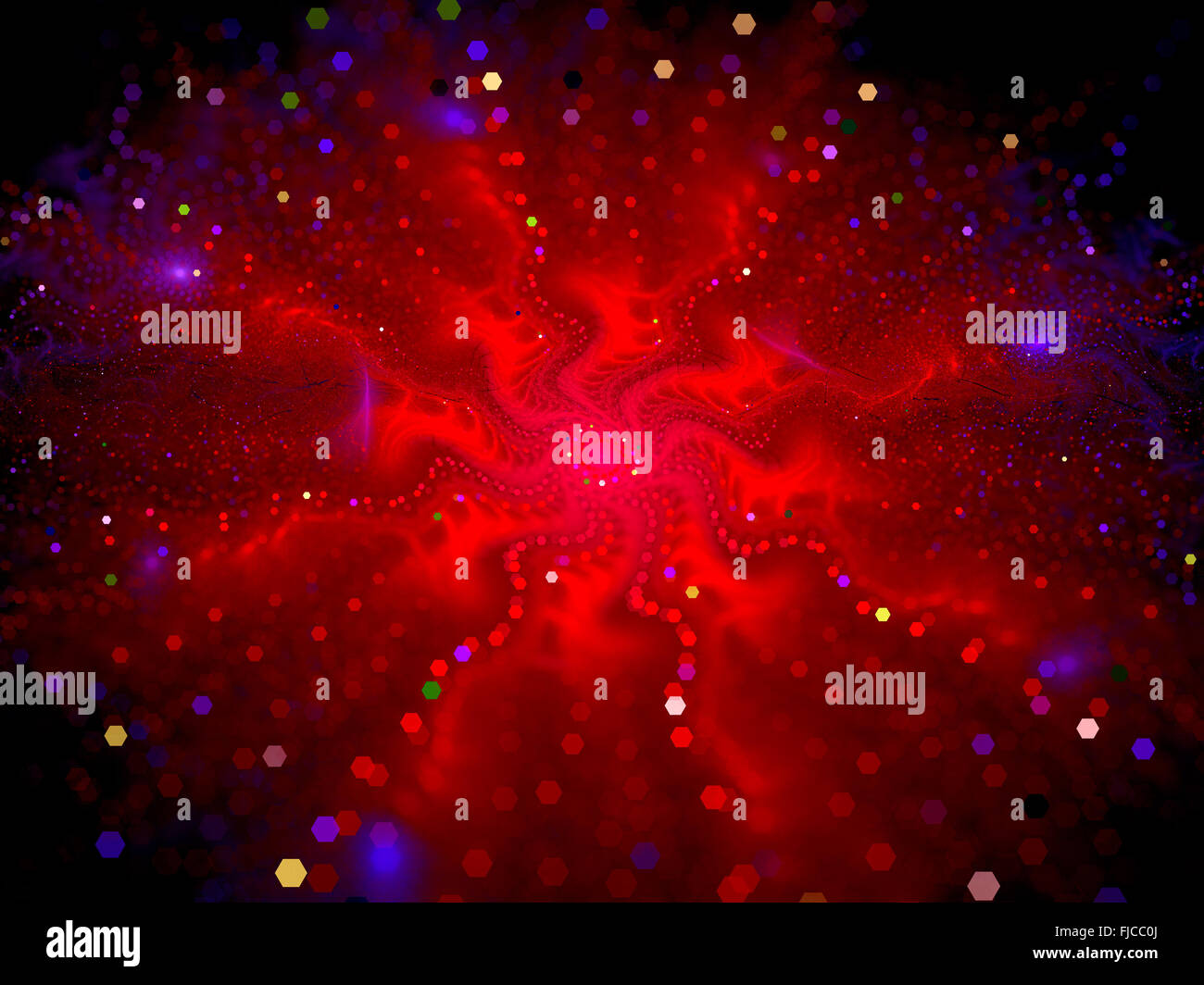 Glowing particles in red galactic fog, computer generated abstract ...