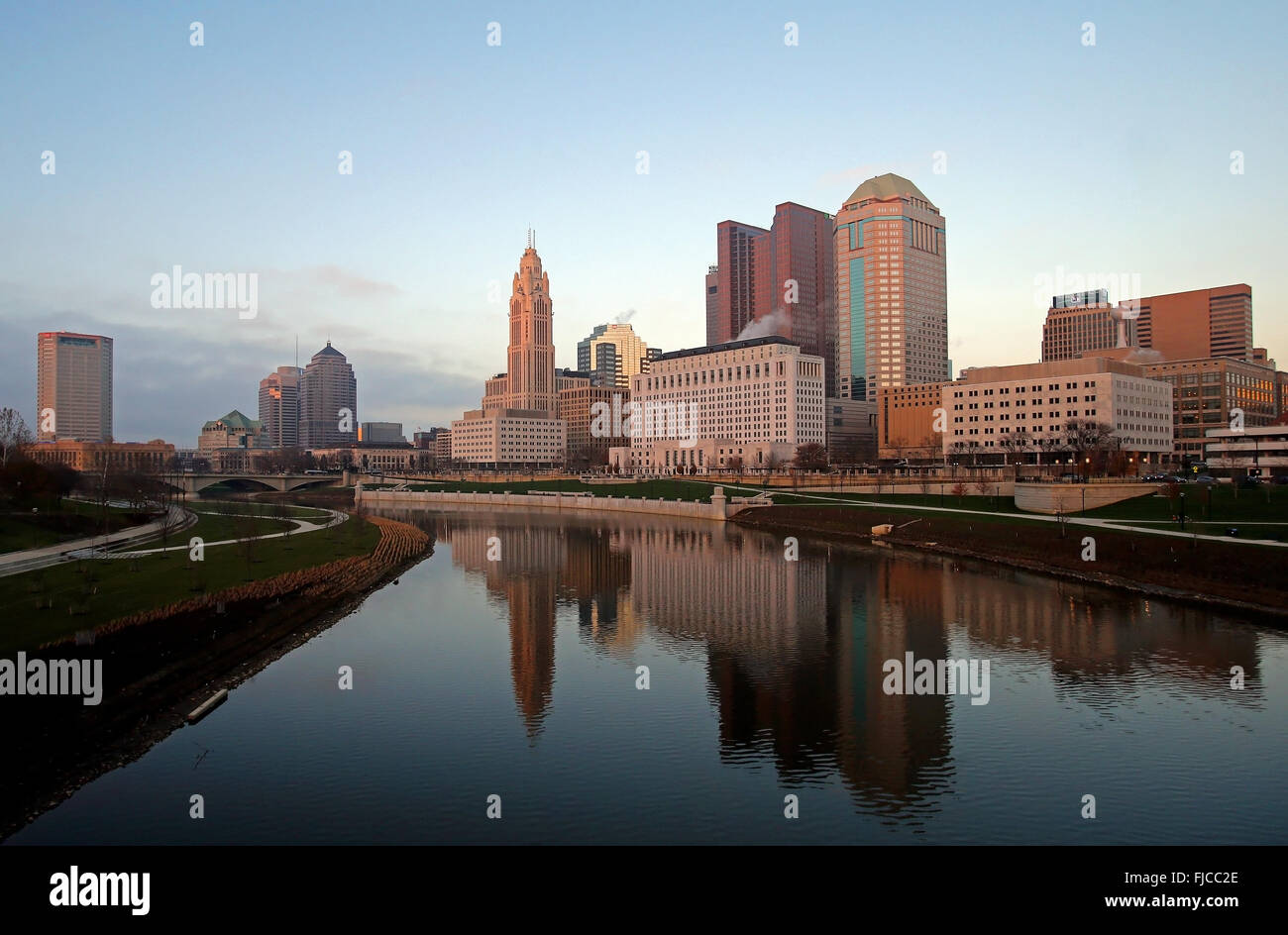 Columbus city skyline at sunset as seen along the Scioto River in ...