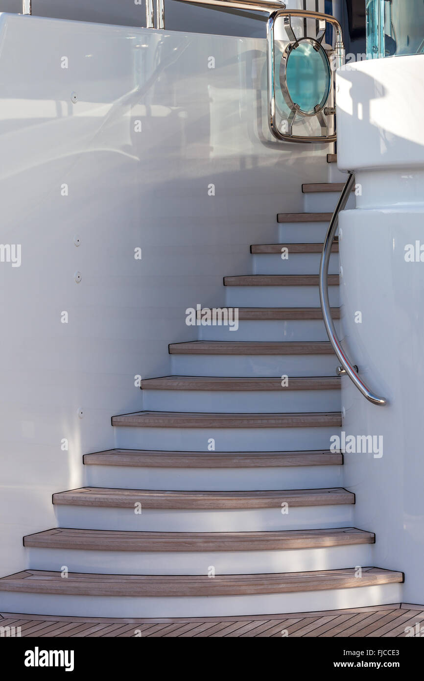wooden stairs up on sundeck of the luxury yacht on sunny day Stock ...