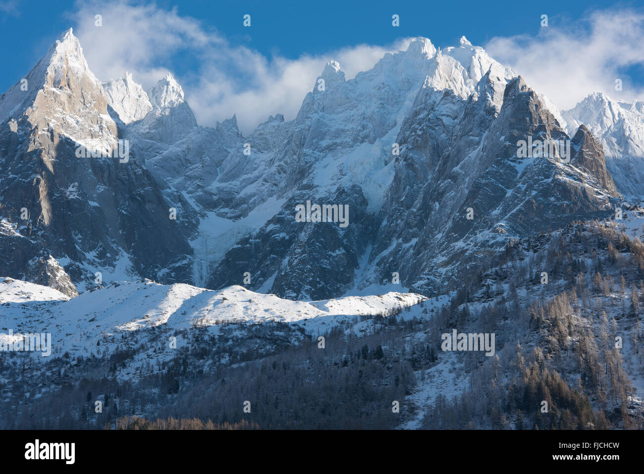 French alps mountain peaks covered with fresh snow. Winter landscape ...