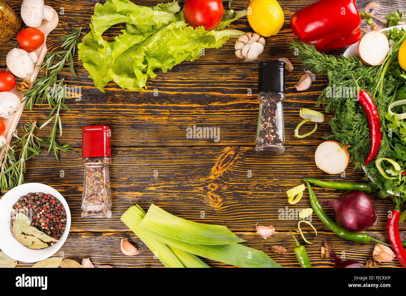Top down view on group of food preparation ingredients such as spice ...