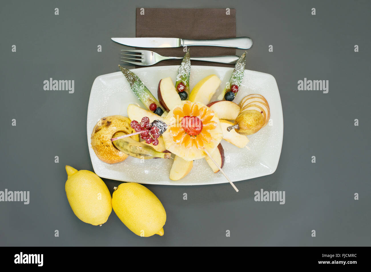 Breakfast with fuirt on the table Stock Photo - Alamy