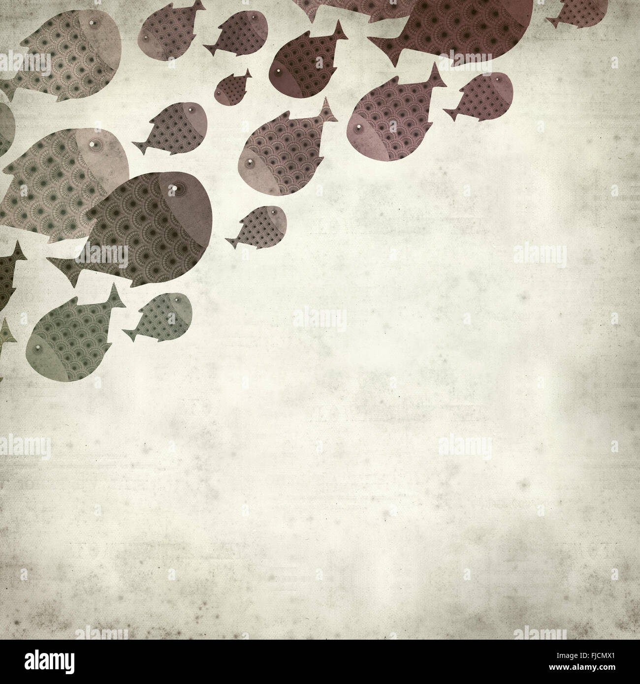 textured old paper background with swimming fish illustration Stock ...