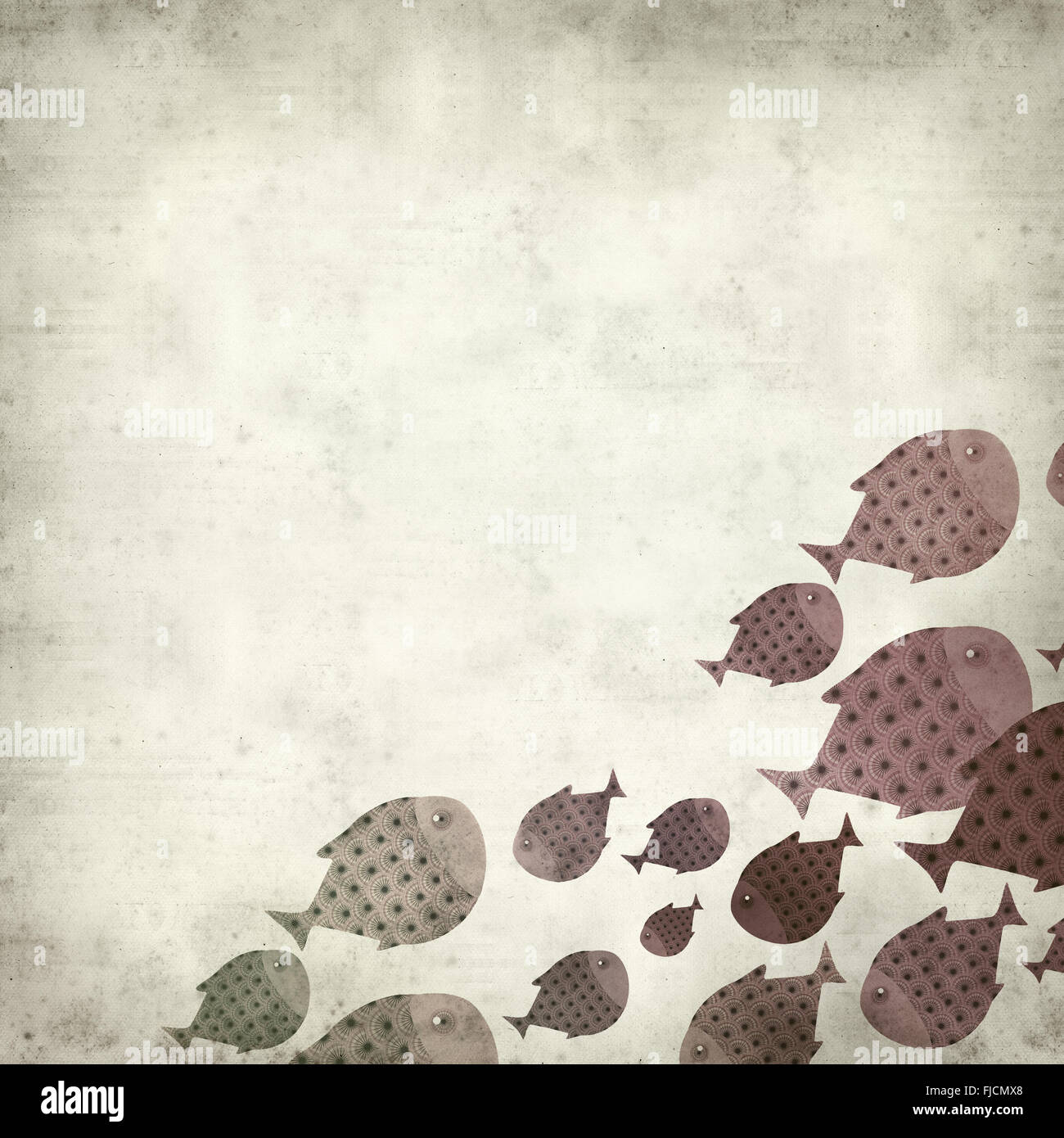 textured old paper background with swimming fish illustration Stock ...