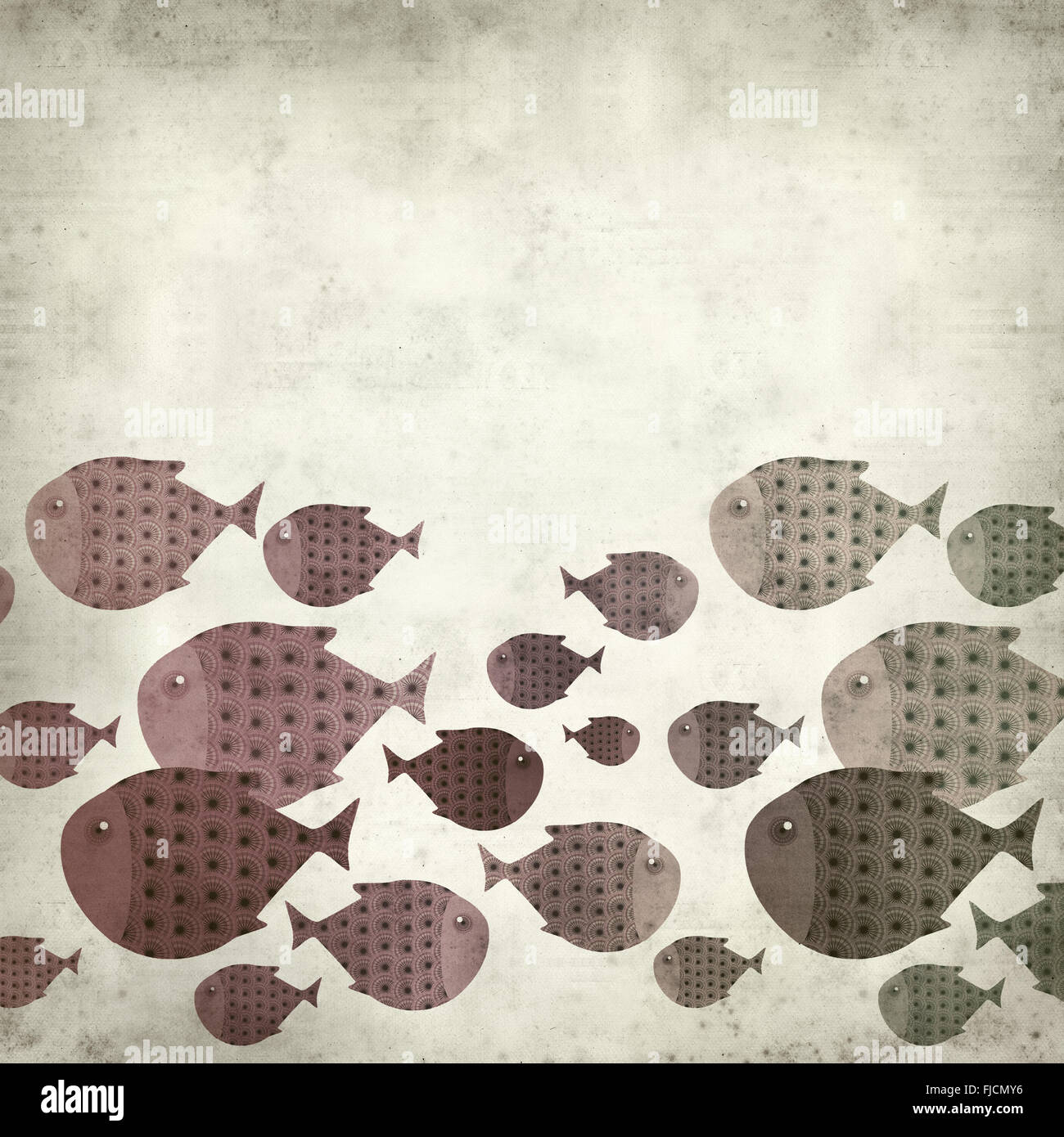 textured old paper background with swimming fish illustration Stock ...